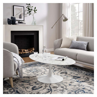 Lippa 48" Oval Artificial Marble Coffee Table in White - Midcentury ...