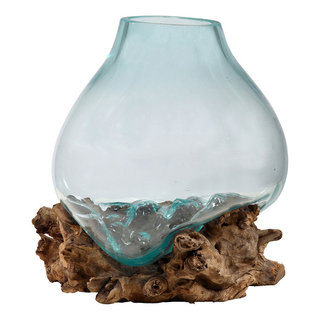 Boaz Natural Teak and Hand Blown Aqua Transparent Glass Tabletop Bowl ...