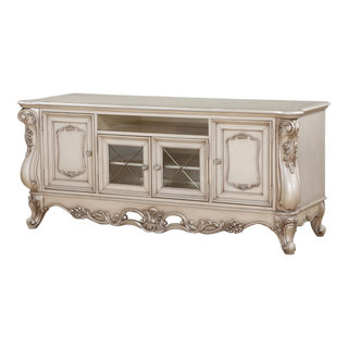 HomeRoots 25" X 74" X 32" Antique White Wood Glass Poly-Resin TV Stand ...