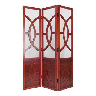 3 Panel Wooden Frame Screen with Interconnected Cut Out, Cherry Brown ...