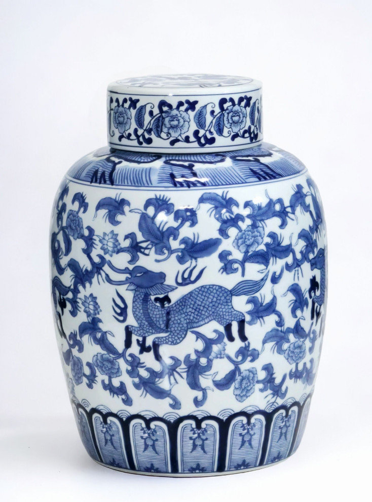 15" Porcelain Ginger Jar with Chinoiserie Deer Design - Asian ...