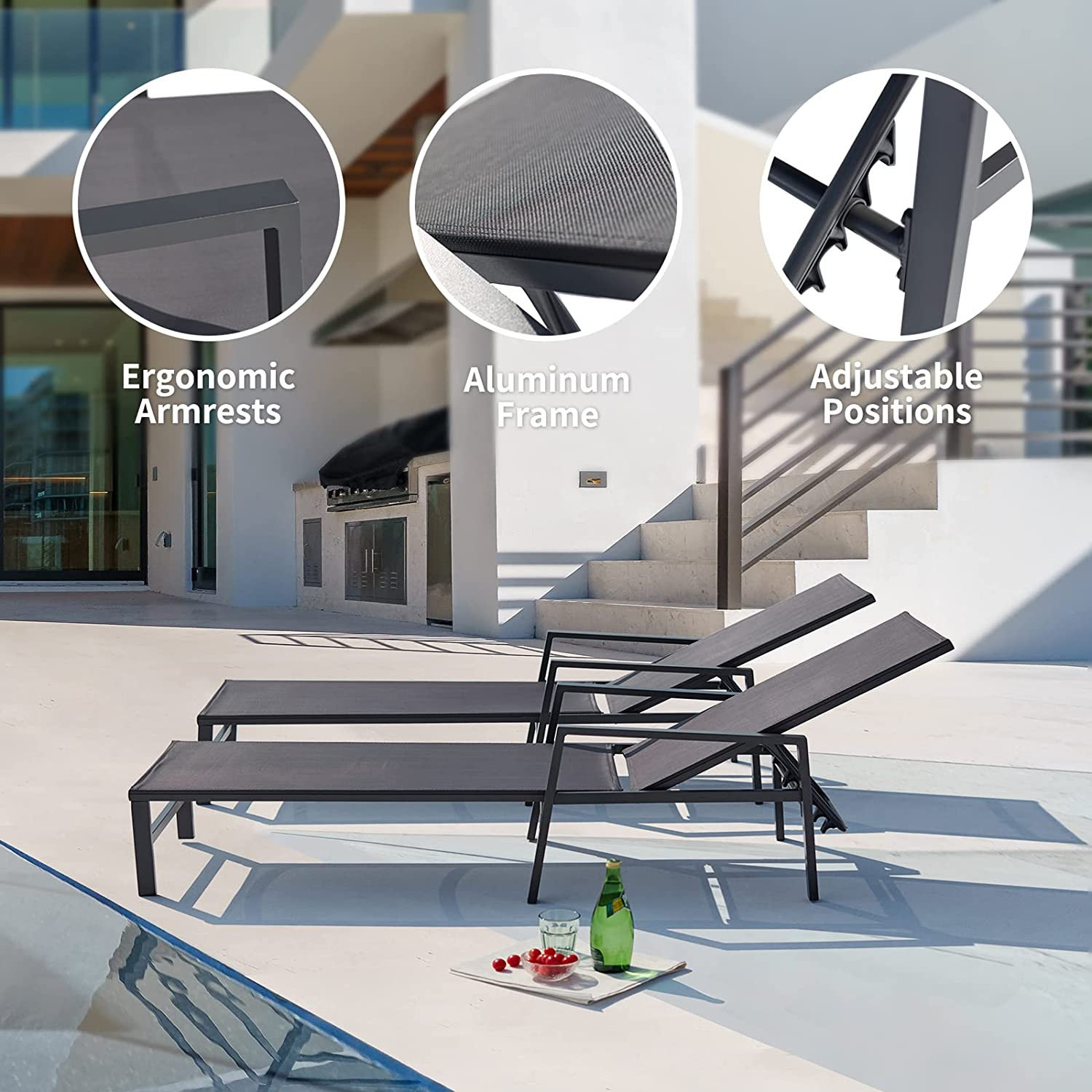 Set of 2 Patio Chaise Lounge, Aluminum Frame, Mesh Seat and Adjustable ...