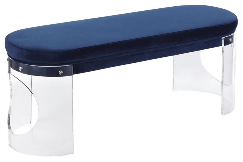 Clarity Contemporary/Glam Bench, Clear Acrylic and Navy Blue Velvet, 17 ...