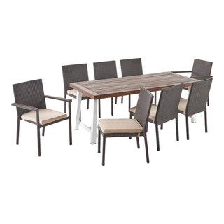 Sharon Outdoor Wood and Wicker 8 Seater Dining Set - Tropical - Outdoor ...