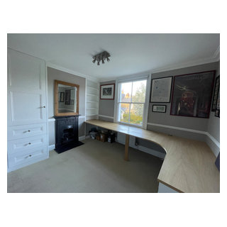 Curved Corner Desk With Drawers, Built-In Shelving & Shaker Cabinet ...