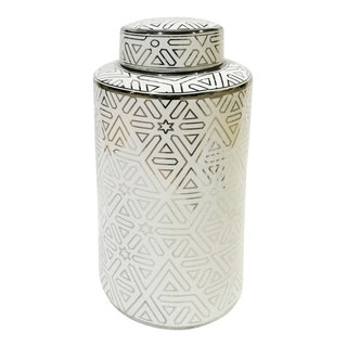 Contemporary decorative Ceramic Covered Jar, White And Silver ...