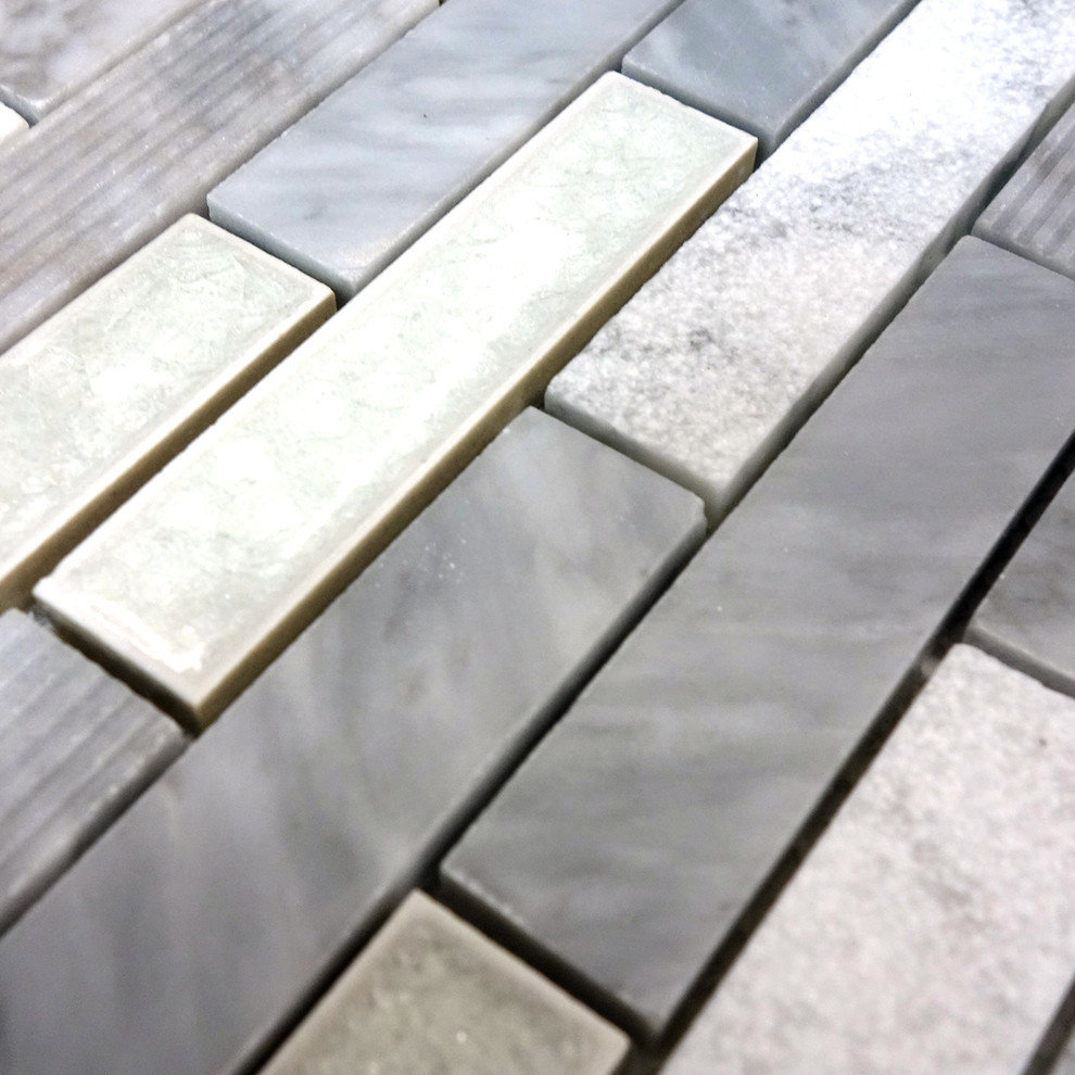 White Carrara Stone Mosaic Tile Crackle Glass Backsplash, 12"x13.75 ...