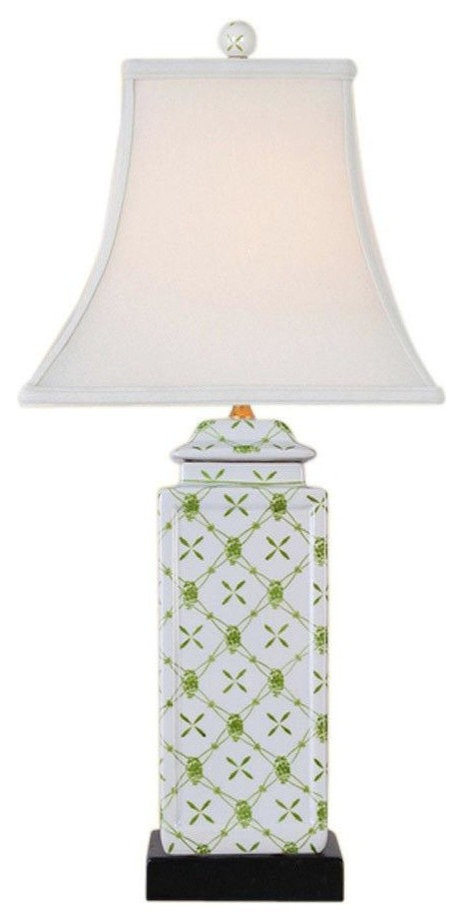White and Green Geometric Square Temple Jar Porcelain Table Lamp, 22 ...