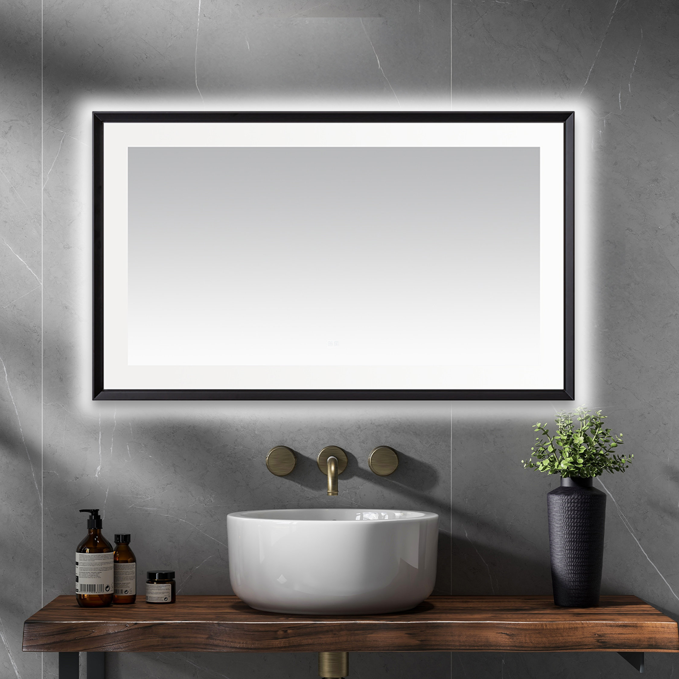Madison LED Lighted Chamfer Frame Mirror, Defogger, Matte Black, 60"x36 ...
