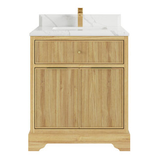 Dora Teak 30 Single Sink Bath Vanity Light Natural Teak 1.5" Calacatta ...