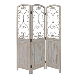 Romantic Whitewashed Scroll Three Panel Room Divider Screen - French ...