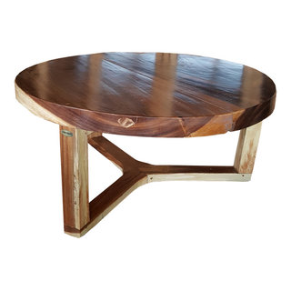 Suar Live Edge Round Coffee Table - 40" - Rustic - Coffee Tables - by Chic Teak | Houzz