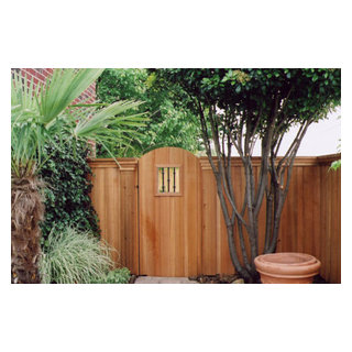 Custom Arched Cedar Gate with Wrought Iron Inlay - Rustic - Houston ...