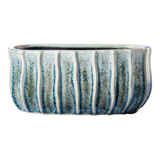 Benzara BM263675 Oval Ceramic Vase, Wavy Vertical Lines With Sea Ferns ...