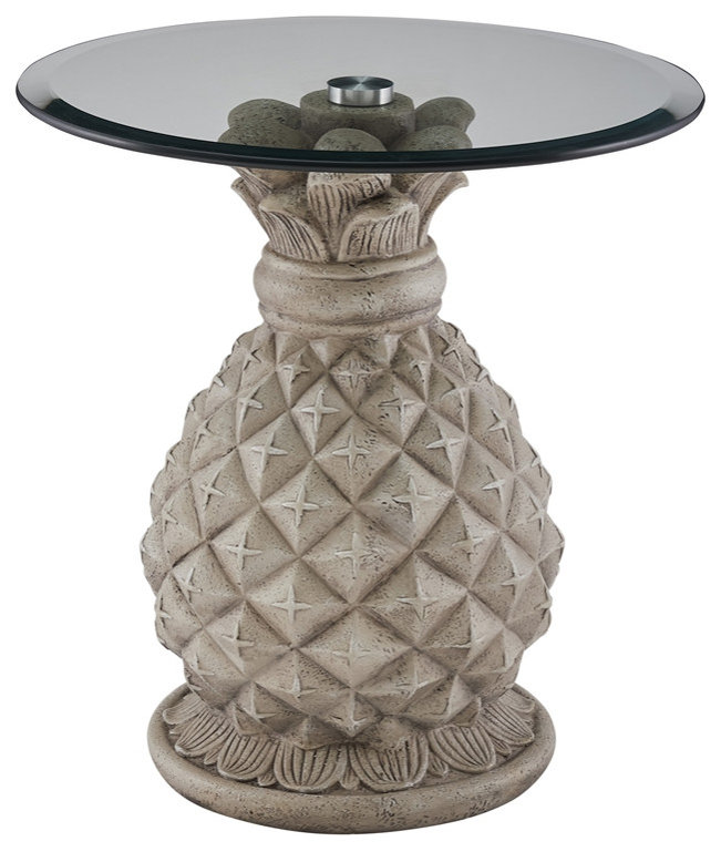 Linon Pensacola Sculpted Resin Pineapple Side Table Glass Top in Antique White - Tropical - Side ...