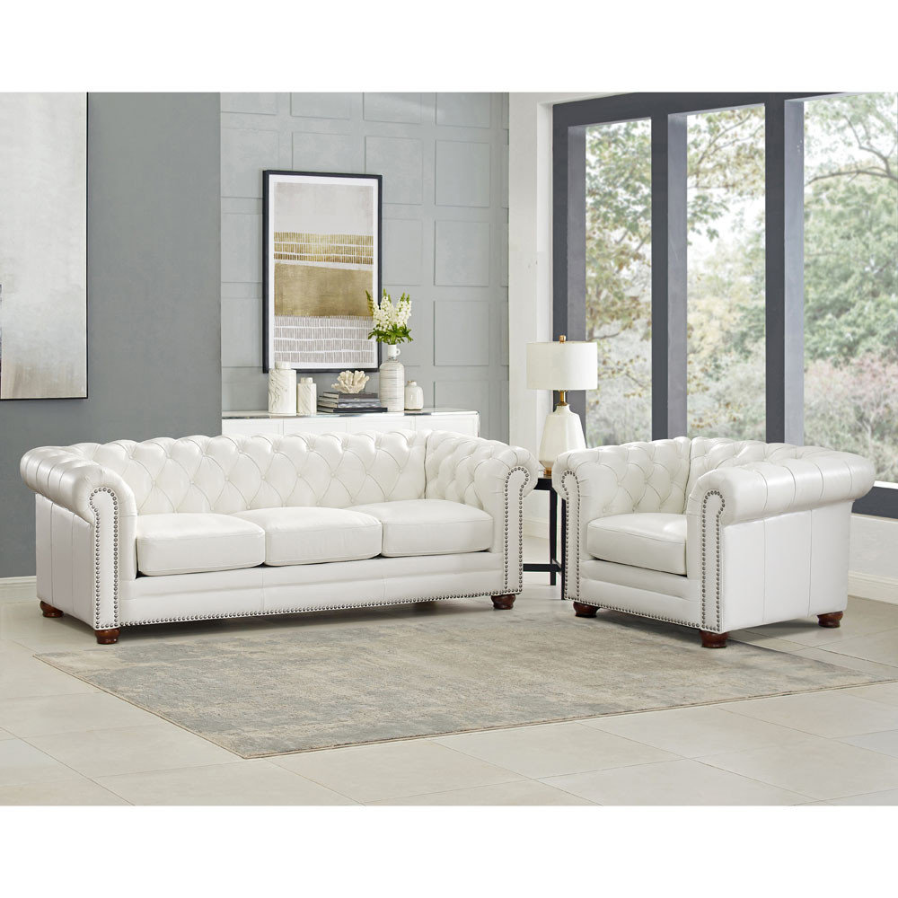 Hydeline Aliso 100% Leather Chesterfield Sofa Set, Sofa and Chair ...