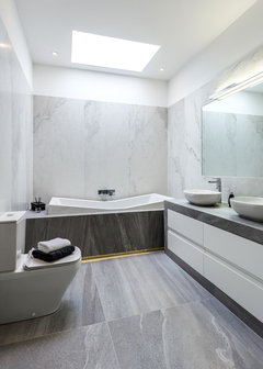 Vertical or horizontal lay of 3' x 6' porcelain marble slabs