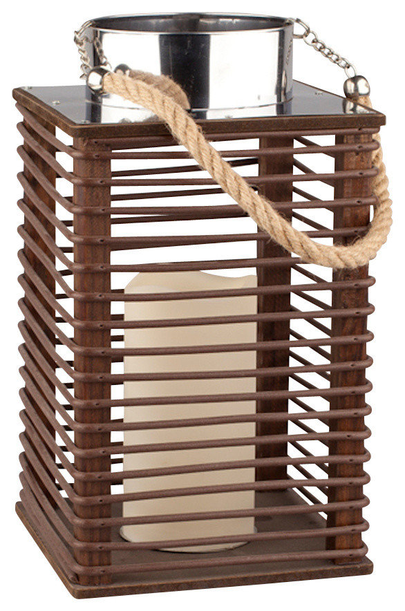 Contemporary Wooden Corded Lantern With LED Flameless Candle With Timer ...