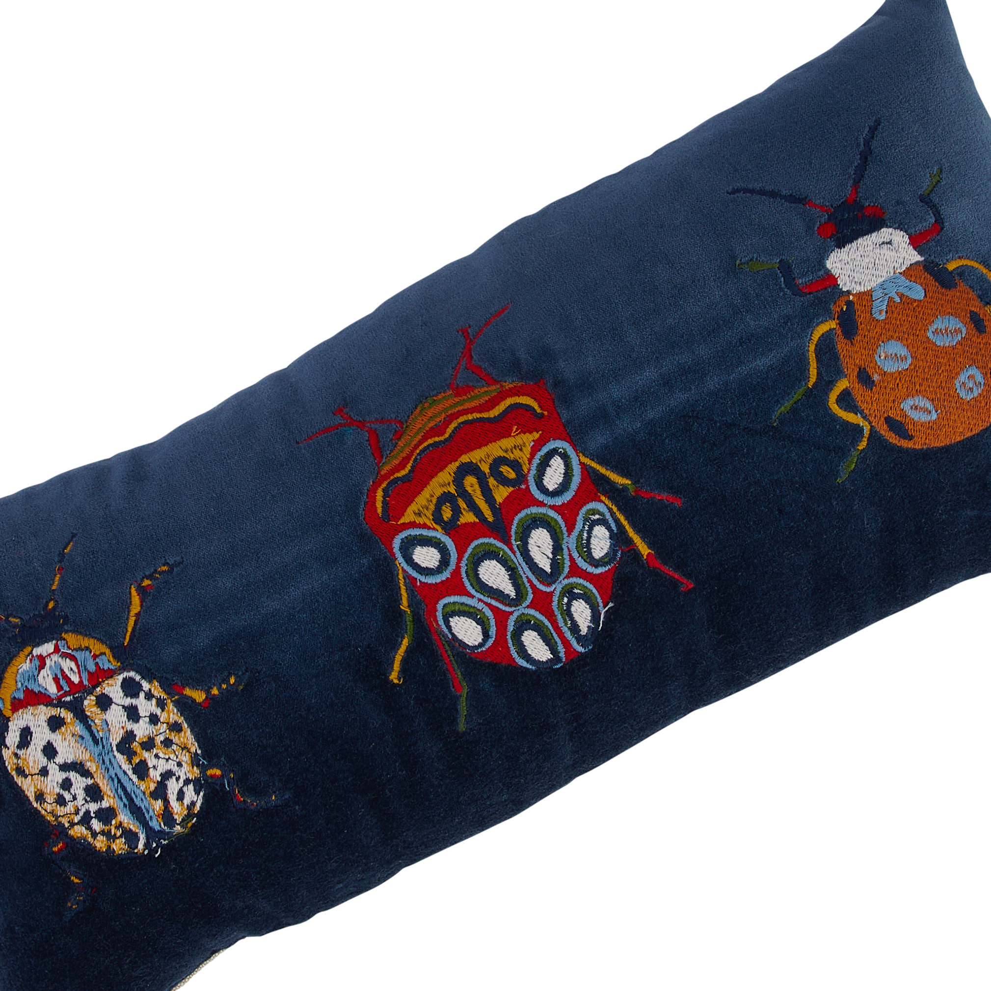 Cotton Velvet Lumbar Pillow with Beetle Embroidery, Multicolor ...