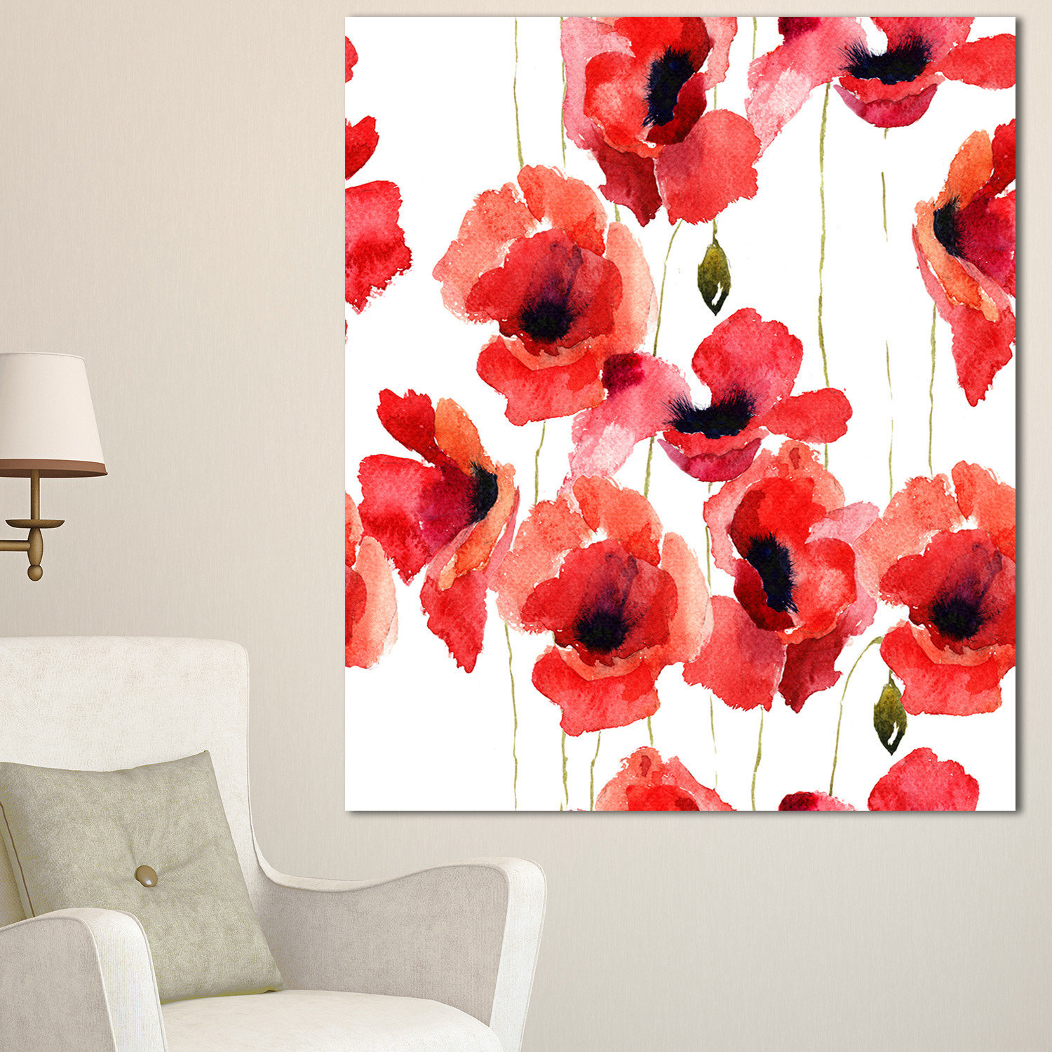 Stylized Poppy Flowers Illustration, Floral Canvas Art Print, 30"x40"x1 ...