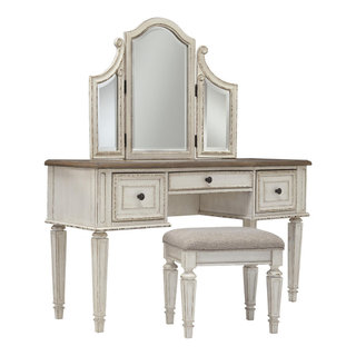 Benzara BM213248 Antiqued Vanity Set with Square Tapered Legs, White ...