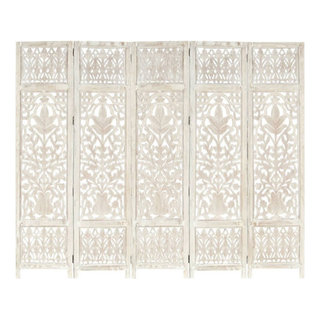 vidaXL Solid Mango Wood Hand Carved 5-Panel Room Divider White Privacy ...