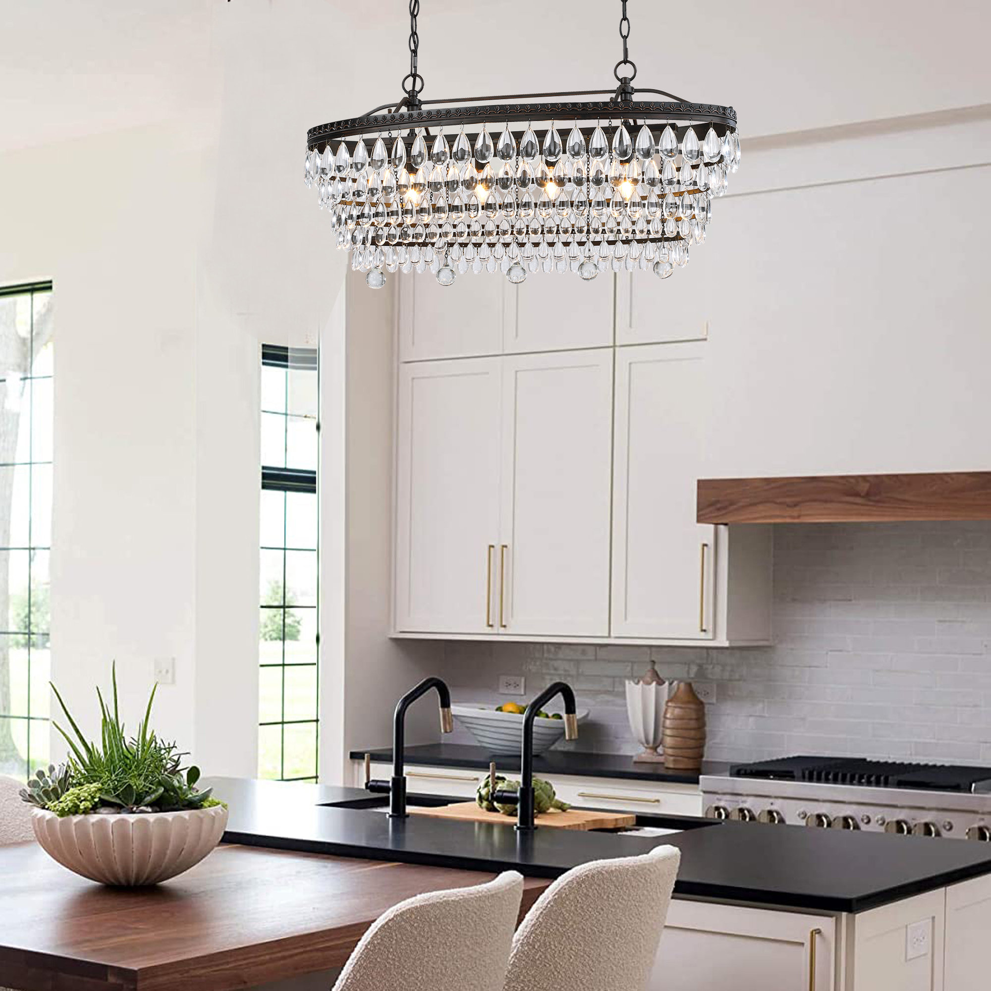 Akari Glass Beads Oval Chandelier Lighting, 30" W - Transitional ...