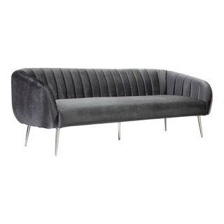 Decy 74 Inch Sofa, Channel Stitched, Cushioned Seat, Gray Velvet ...