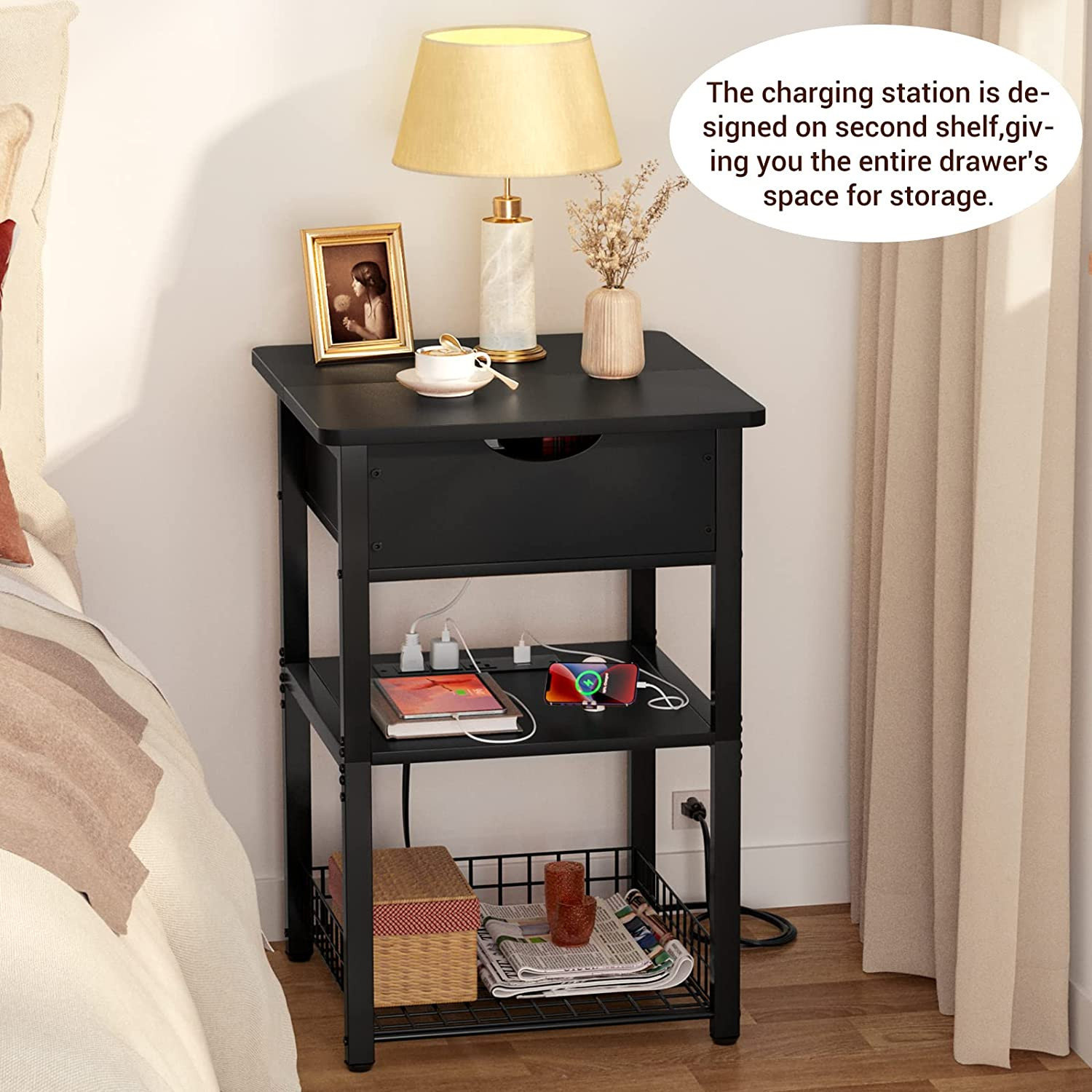 Modern End Table with Charging Station and Flip Top Storage Shelves ...
