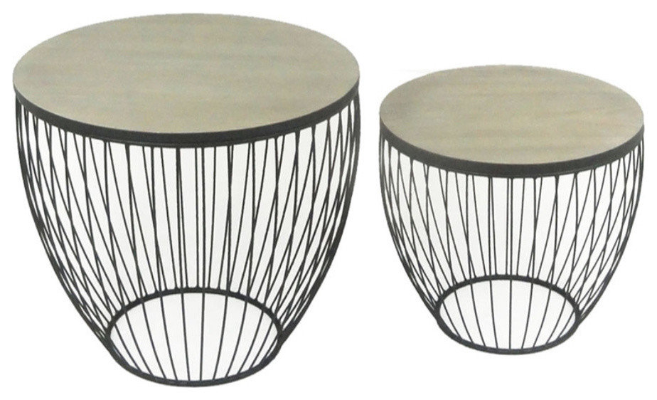 Exotic Metal & Wood Barrel Tables, Black, Set Of 2 - Industrial ...