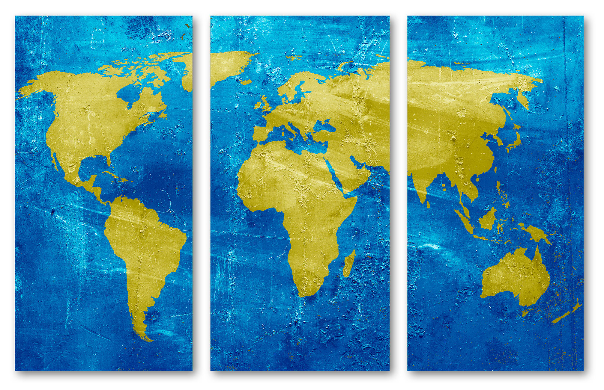 Blue and Yellow World Map Canvas Print, 3 Panel Split, Triptych Wall ...
