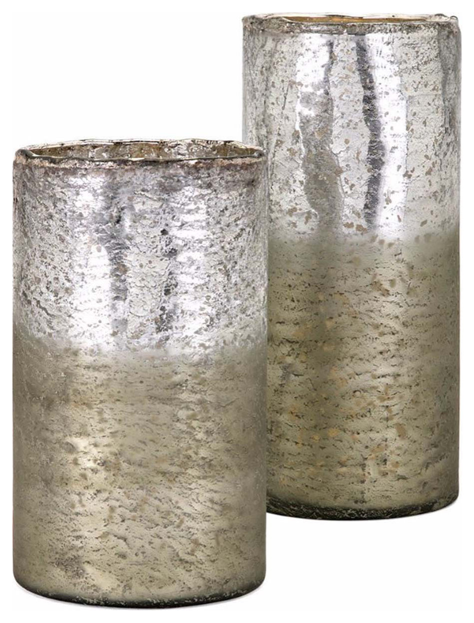 Cylindrical Shaped Glass Vases with Distressed Details, Silver, Set of ...