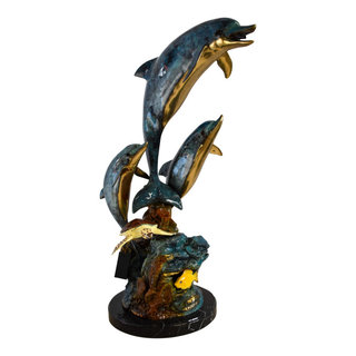 Nautical Dolphins Bronze Statue Fountain 23" x 13" x 36"H - Beach Style ...