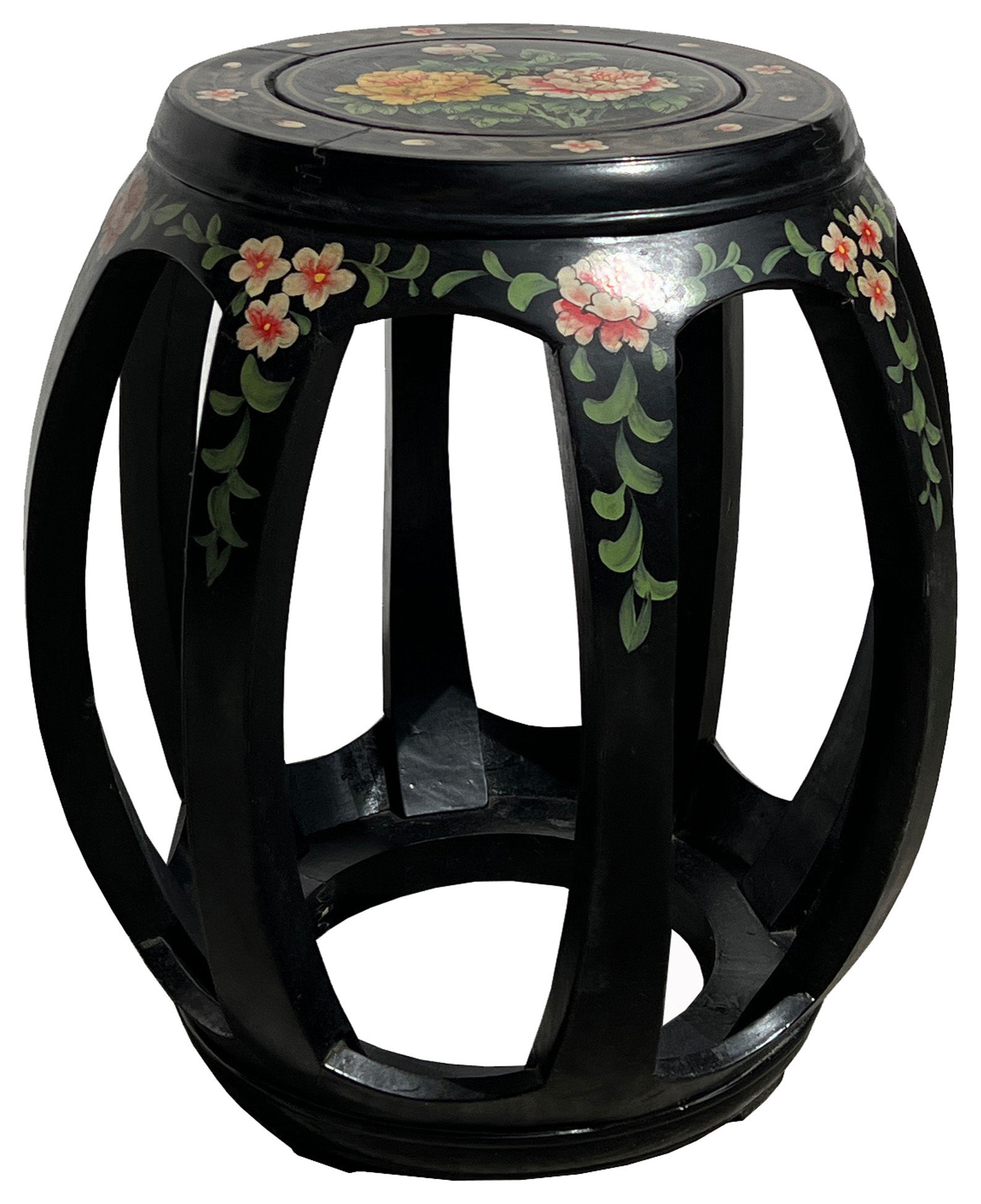 Chinese Black Color Flower Graphic Round Barrel Shape Wood Stool ...