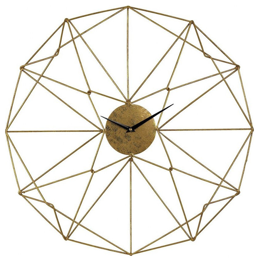 Geometric Angular Wirework Round Wall Clock in Gold Colors No Numbers ...