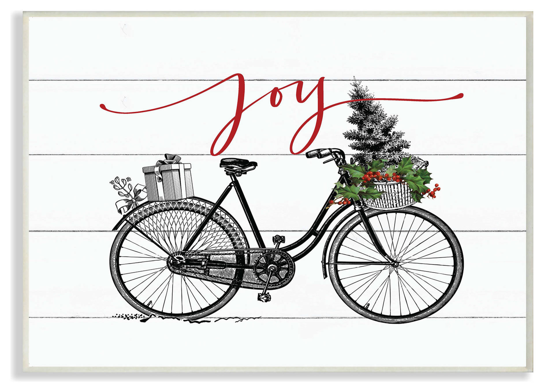 White Planked Look Holiday Joy Bicycle with Tree and Gifts Wall Plaque ...