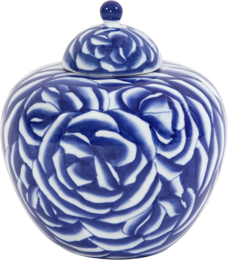 Howard Elliott Blue and White Abstract Rose Ceramic Jar With Lid ...