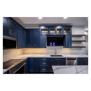 Basement Kitchenette with Navy Cabinets and Verde Peak Quartz ...