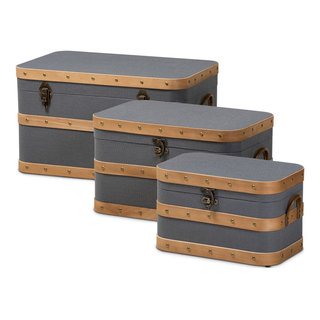 Jonathon Grey Fabric and Oak Brown Finished 3-Piece Storage Trunk Set ...