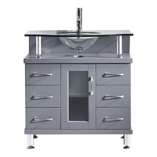 Vincente 32" Single Bath Vanity, Gray, Clear Tempered Glass Top and ...