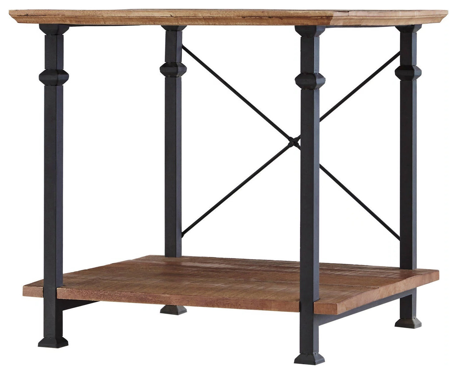 Industrial End Table with Metal Frame X Accent and Two Wood Shelves ...