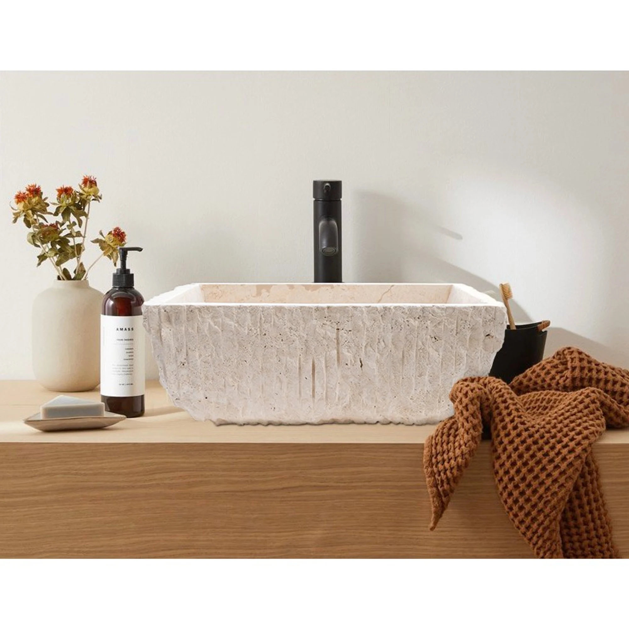 Troia Light Rustic Natural Stone Vessel Sink Hand Chiseled Exterior ...