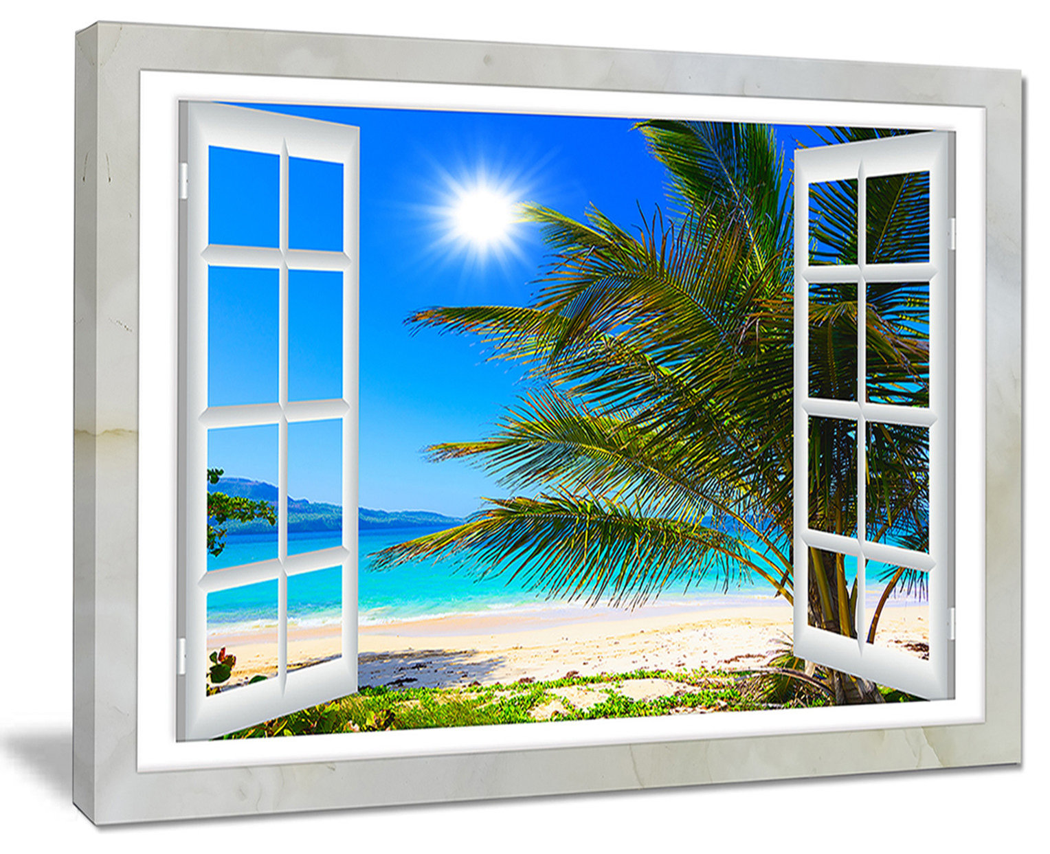 Designart - Window Open to Beach with Palm - Extra Large Seashore ...