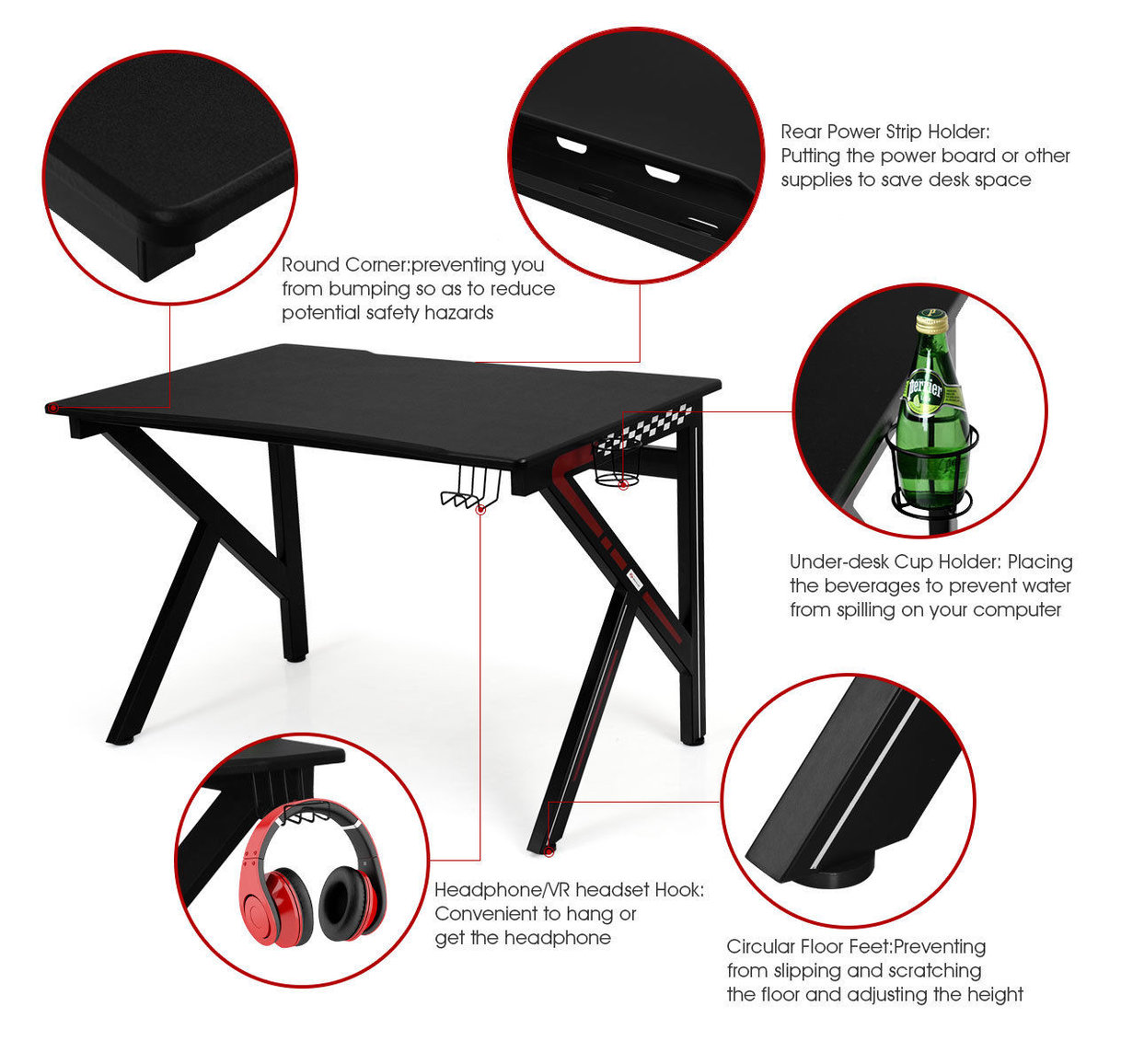 Costway Gaming Desk Computer Table E-Sports K-Shaped W/ Cup Holder Hook ...