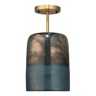 Vapor Semi-Flush Mount, 1-Light, Antique Brass, Aqua Metallic Glass ...