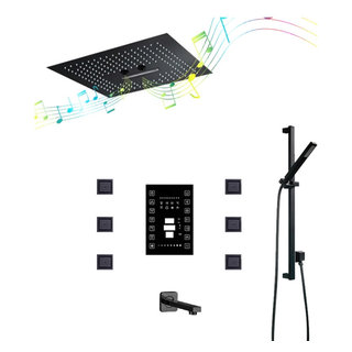 LED 16" Remote Controlled Matte Black Shower System, 6 Body Jets, and ...