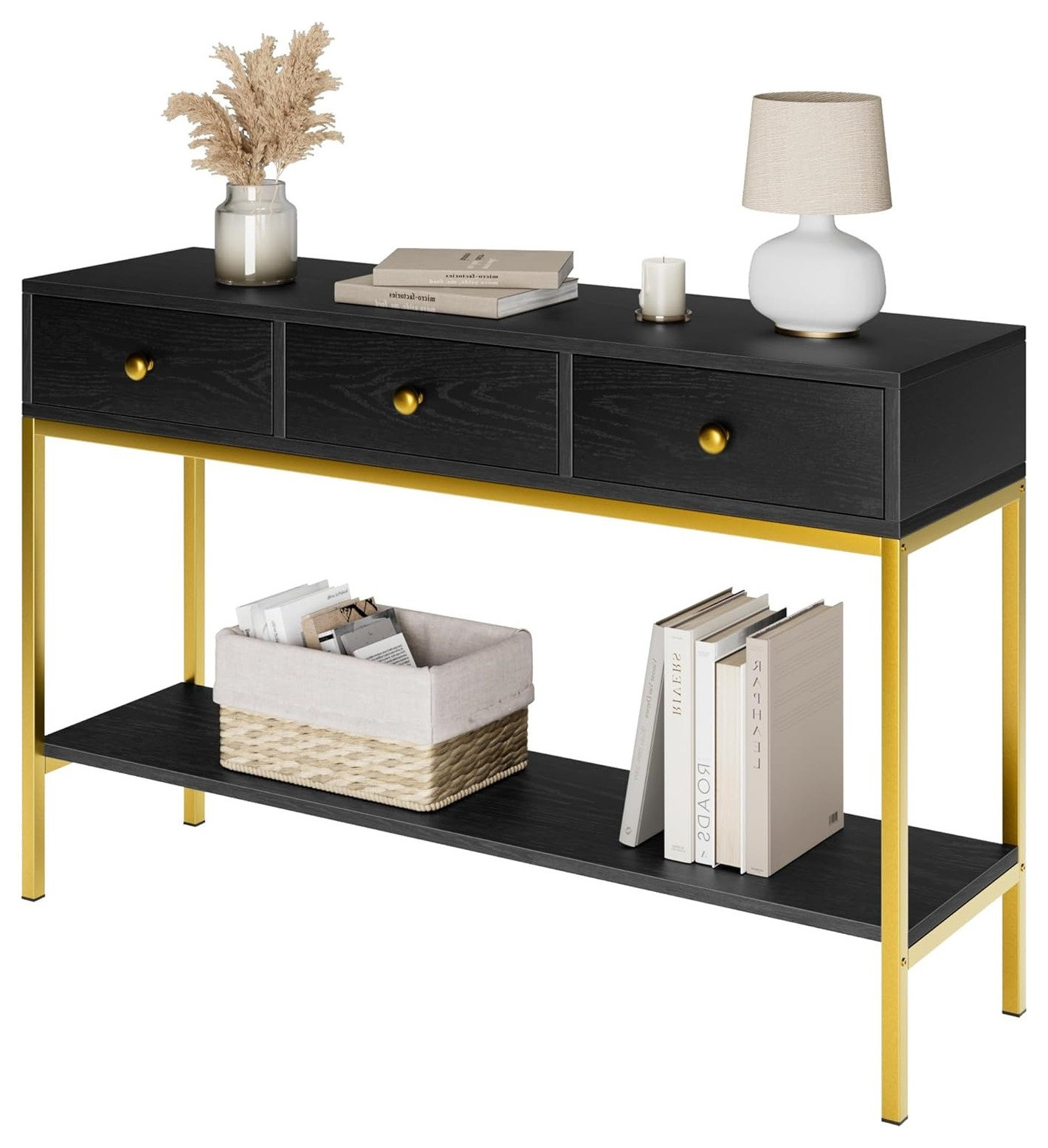 Modern Console Table, Golden Metal Frame & 3 Drawers With Rounded Knobs ...