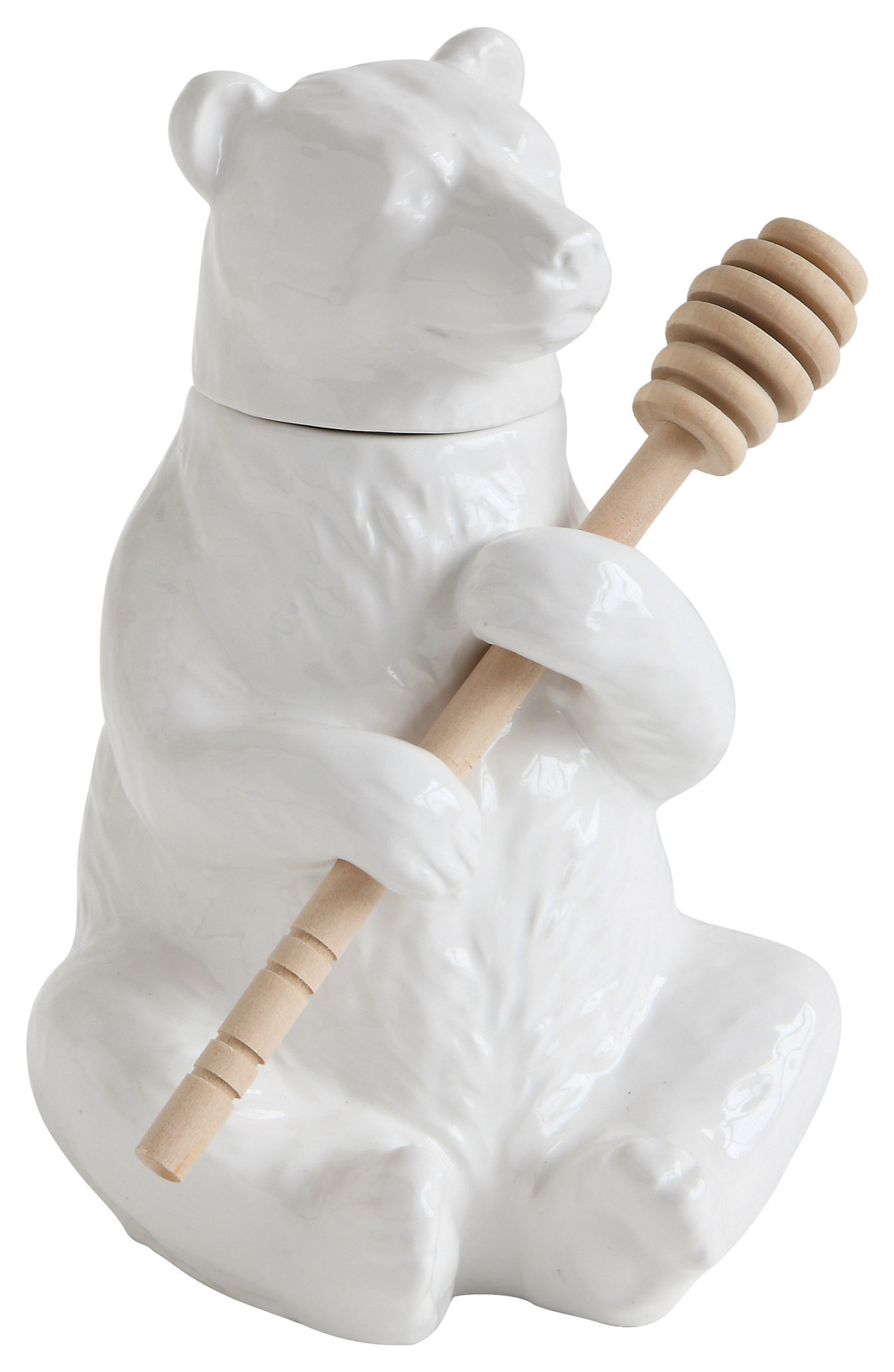 White Bear Shaped Honey Pot with Lid & Bamboo Dipper (Set of 2 Pieces ...