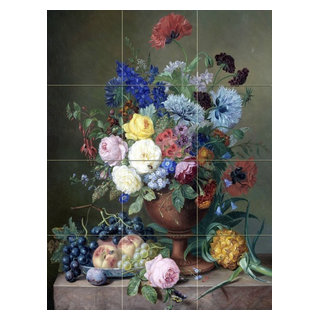 Tile Mural A Vase Of Mixed Flowers And Fruit, 6" Ceramic, Matte ...