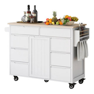 Large Kitchen Cart, Multiple Drawers & Cabinets With Natural Wood Top ...